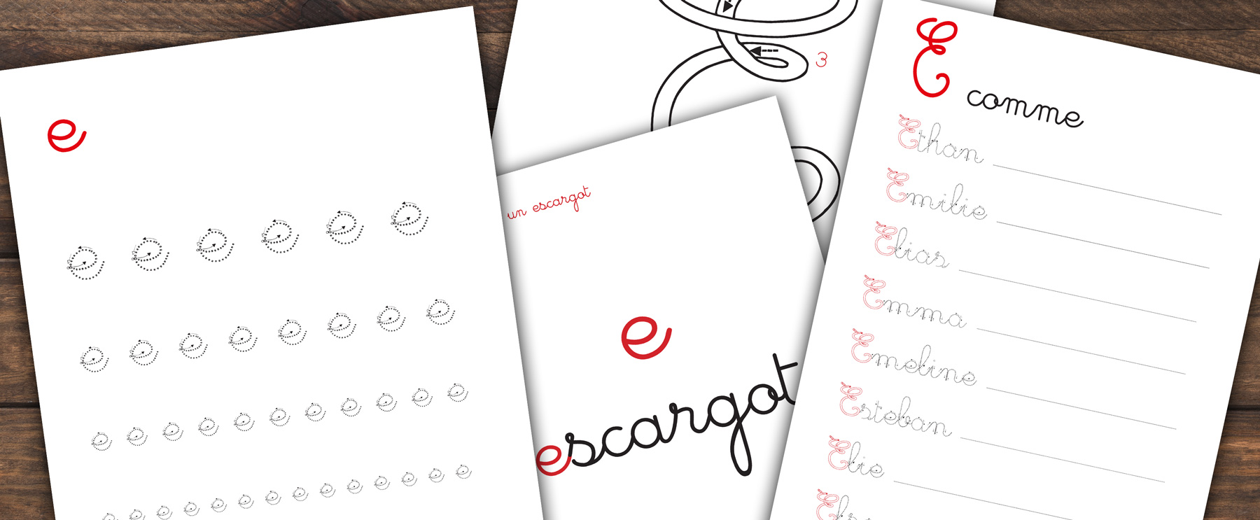 Fiches d'écriture : lettre E - Esquisses d'Adélaïde