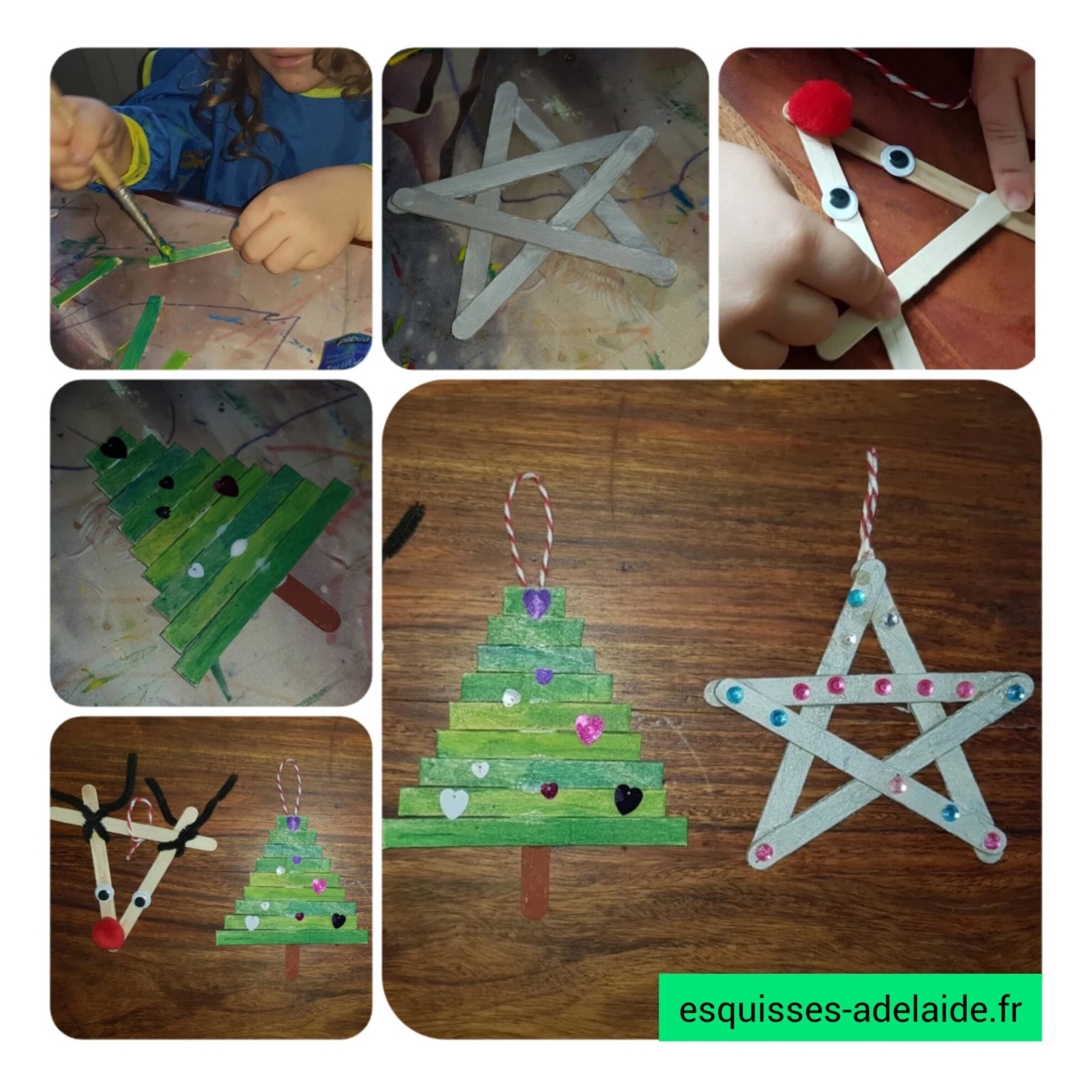 3 décorations à suspendre au sapin en bâtonnets - Esquisses d'Adélaïde